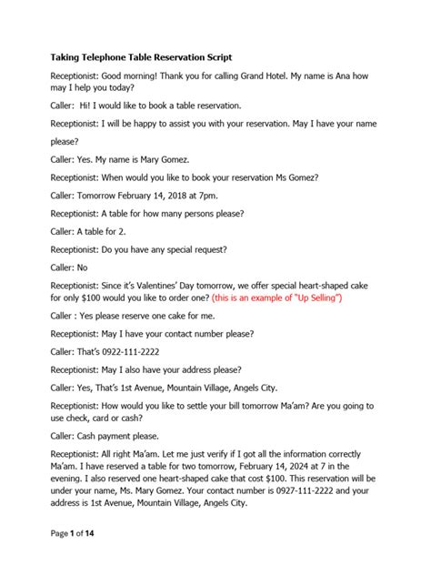taking telephone table reservation script pdf