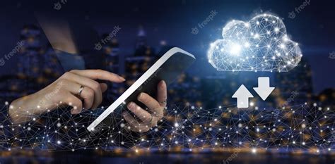 Premium Photo | Hand touch white tablet with digital hologram cloud ...