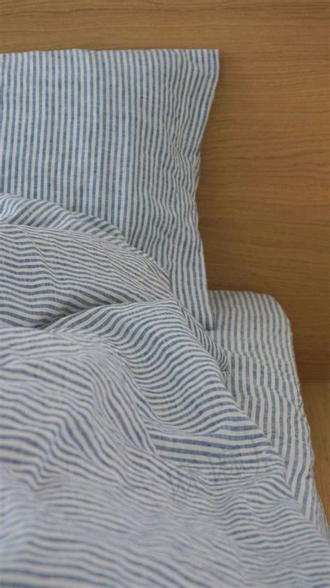 Stone Washed Linen Bedding Set Blue Striped Duvet Cover 3 Piece