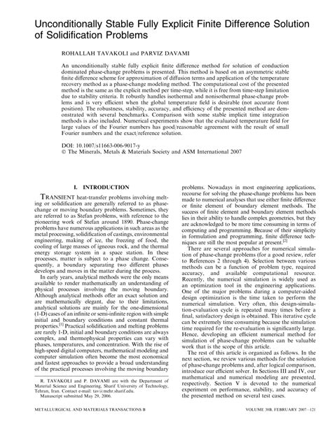 PDF Unconditionally Stable Fully Explicit Finite Difference Solution Of Solidification Problems