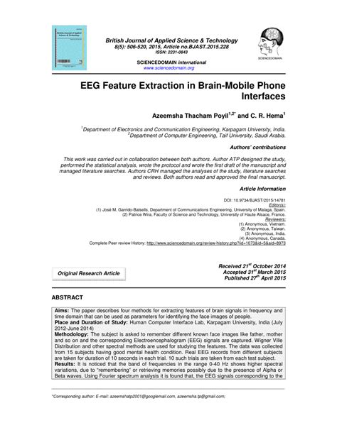 Pdf Eeg Feature Extraction In Brain Mobile Phone Interfaces