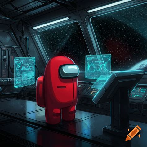 A Red Among Us Crewmate Stands In A Spaceship Cockpit Looking Out At