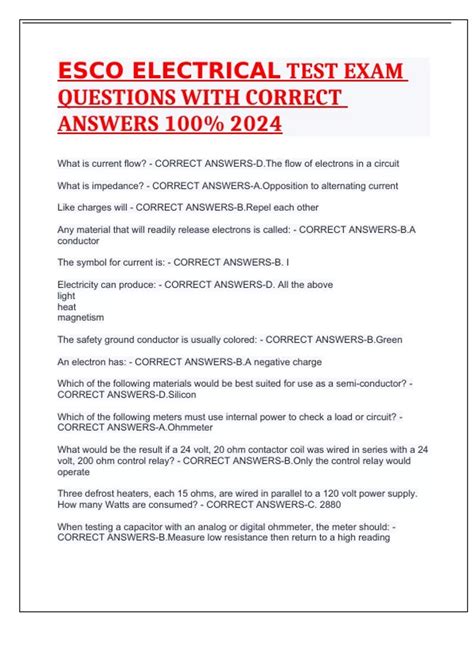 Esco Electrical Test Exam Questions With Correct Answers 100 2024