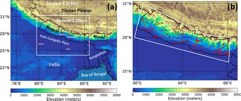 a the topography of the 9 and 3 km nested grid size domains used in