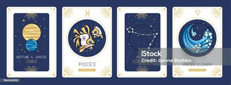 점성술 물고기 자리 조디악 사인 특성과 만화 마법 마법 카드 세트 벡터 일러스트 레이 션 고풍스런에 대한 스톡 벡터 아트 및 기타 이미지 고풍스런 꿈꾸기 동화