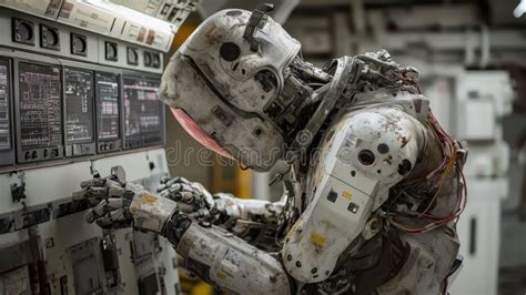 Futuristic Humanoid Robot In Space Command Center Operating Control Panels With Advanced