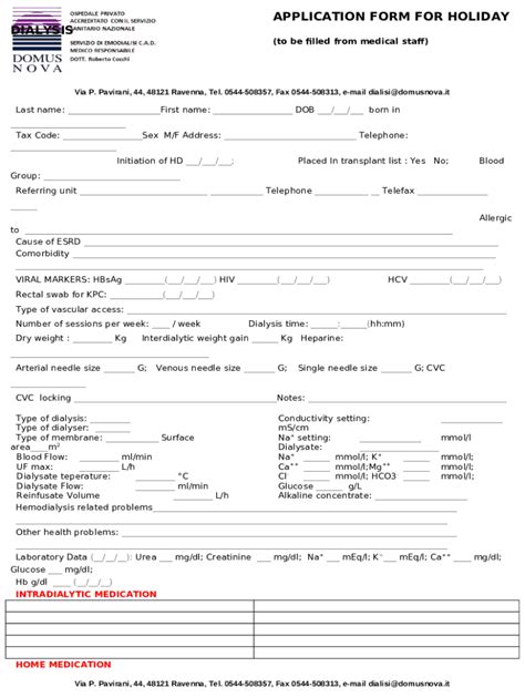 Application For Holiday Dialysis Domus Nova Ravenna Doc Template