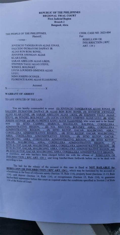 On The Warrant Of Arrest Against Legal Activists From The Cordillera And Ilocos Bagong