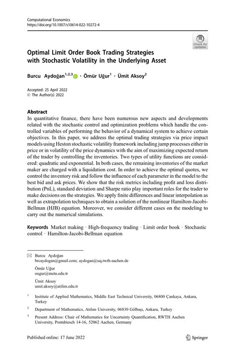Pdf Optimal Limit Order Book Trading Strategies With Stochastic Volatility In The Underlying Asset