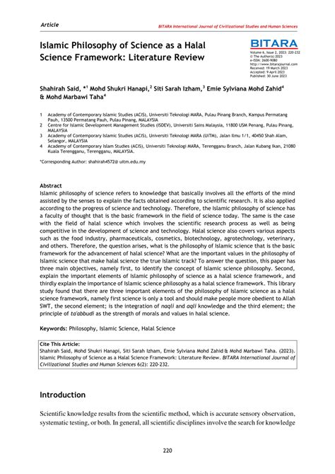 (PDF) Islamic Philosophy of Science as a Halal Science Framework: Literature Review