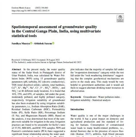 Pdf Spatiotemporal Assessment Of Groundwater Quality In The Central Ganga Plain India Using