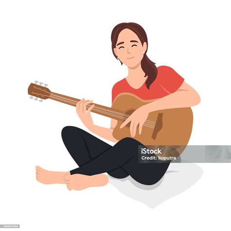 기타를 연주하는 음악가 어쿠스틱 악기를 가진 행복한 젊은 여자 기타리스트 현대 창조적 인 편안한 음악 플레이어 인재 가수에 대한