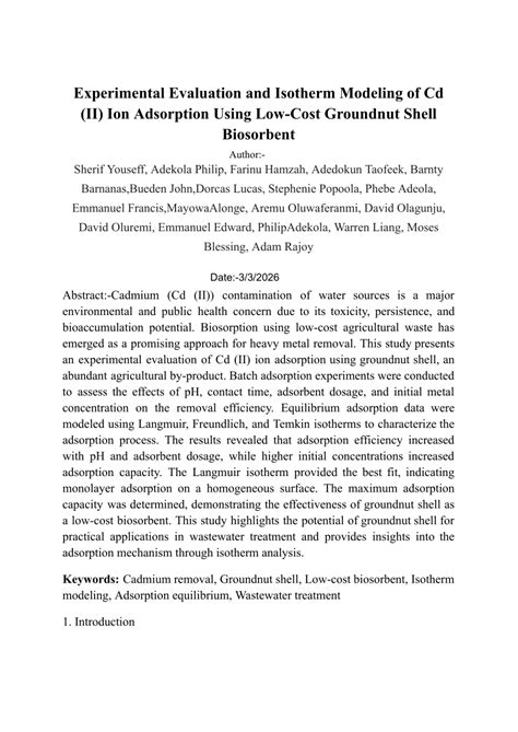 Pdf Experimental Evaluation And Isotherm Modeling Of Cd Ii Ion