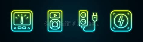 Set Line Ampere Meter Multimeter Music Player Electric Extension And Lightning Bolt Glowing