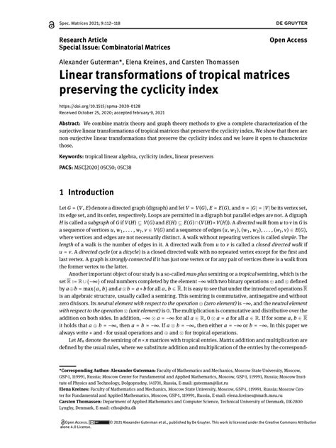 Pdf Linear Transformations Of Tropical Matrices Preserving The Cyclicity Index
