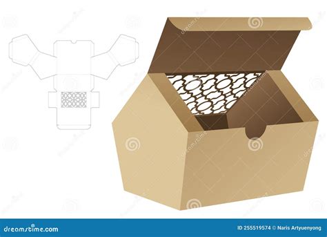 Pentagonal Box With Stenciled Pattern Die Cut Template And 3d Mockup Stock Vector Illustration