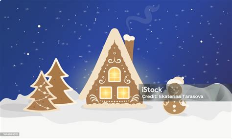 저녁 하늘과 눈 더미를 배경으로 진저브레드 눈사람과 크리스마스 트리가 있는 아늑하고 귀여운 진저브레드 하우스 엽서 배경 포스터 벡터 겨울에 대한 스톡 벡터 아트 및 기타