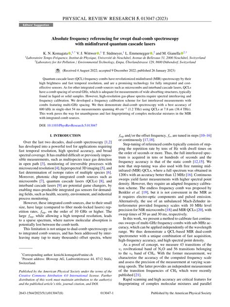 Pdf Absolute Frequency Referencing For Swept Dual Comb Spectroscopy