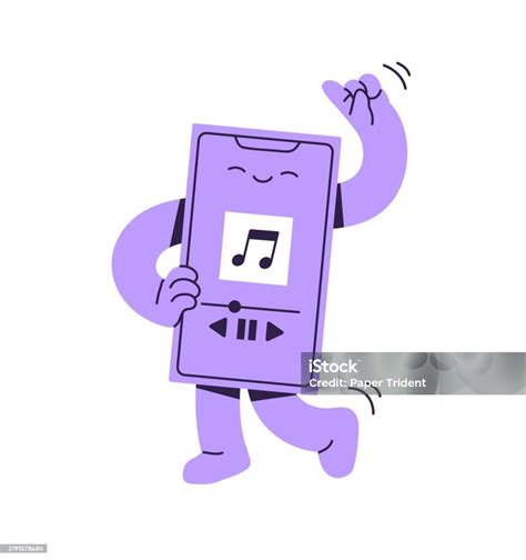 귀여운 스마트 폰 마스코트가 화면에 오디오 플레이어 앱으로 춤을 춥니 다 전화 캐릭터는 음악을 듣고 노래와 함께 움직입니다 행복한 휴대 전화는 재미 있습니다 흰색 배경에