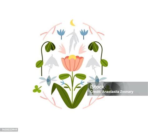 손으로 그린 벡터 추상 그래픽과 클립 아트 일러스트 레이 션과 대칭 구성 장식의 꽃 꽃 나뭇잎 및 요정의 추상적 인 보호 자연 모양 현대 마술 자연 디자인 0명에 대한 스톡