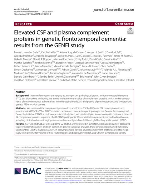 Pdf Elevated Csf And Plasma Complement Proteins In Genetic