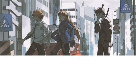 Safebooru 1girl 2boys Absurdres Black Hair Black Jacket Black Necktie