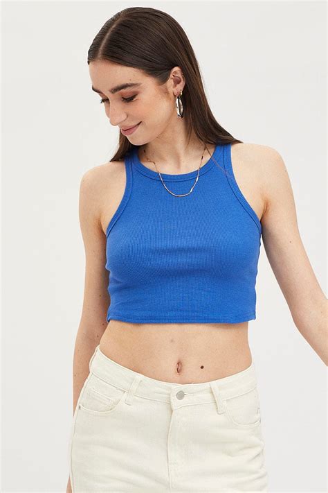 Womens Blue Tank Top Sleeveless Crew Neck Ally Fashion