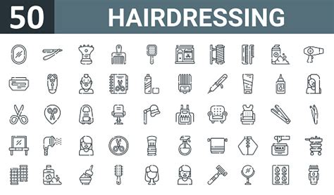 거울 면도날 헤어 드라이어 빗 브러시 헤어 살롱 보고서 프리젠 테이션 다이어그램 웹 디자인 모바일 앱을위한 벡터 얇은 아이콘과 같은 50 개의 개요 웹 미용 아이콘 세트