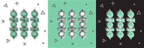 흰색과 녹색 검은 색 배경에 고립 된 꼬치 스틱 아이콘에 구운 쉬쉬 케밥을 설정합니다 꼬치 스틱에 고기 케밥 구운 고기와 함께