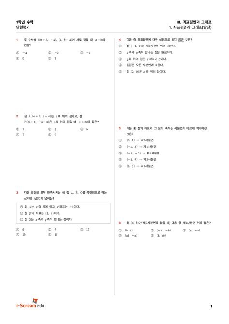 내신대비 중1 수학 단원평가 3 1 좌표평면과 그래프발전 쏠북