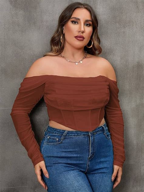 Aiebo Plus Size Womens Tops Plus Off Shoulder Ruched Asymmetrical Hem