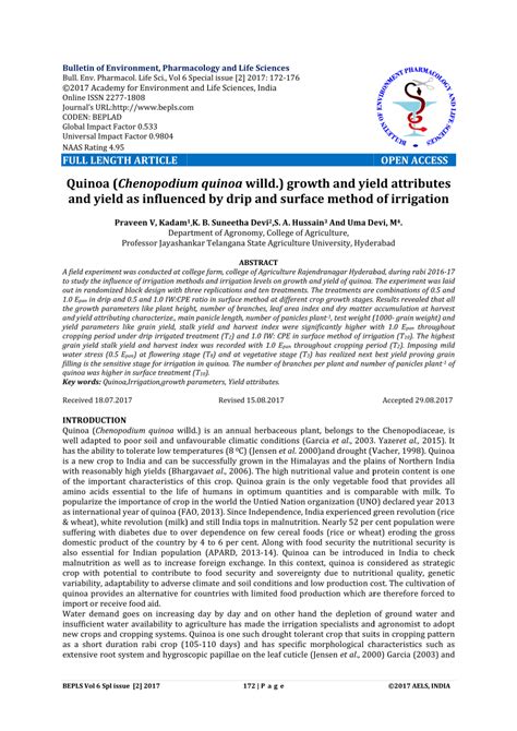 Pdf Quinoa Growth Yield Attributes And Yield As Influenced By Drip And Surface Methods Of