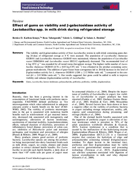 Pdf Effect Of Gums On Viability And β Galactosidase Activity Oflactobacillusspp In Milk Drink