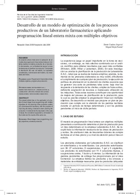 Pdf Desarrollo De Un Modelo De Optimización De Los Procesos Productivos De Un Laboratorio
