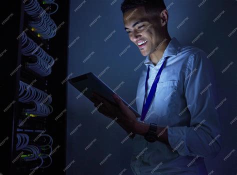 premium photo man engineering and tablet in data center or server