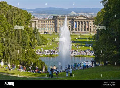 Large Fountain In The Wilhelmshöhe Mountain Park With Castle Kassel