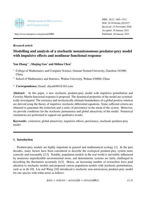 Pdf Modelling And Analysis Of A Stochastic Nonautonomous Predator
