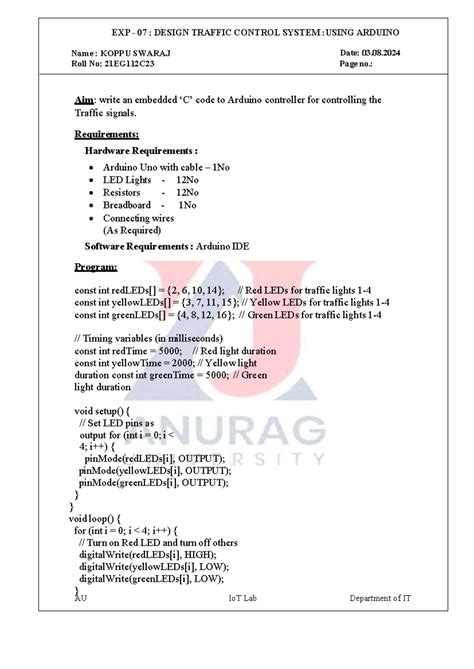 Iot Traffic Control System Exp 07 Design Traffic Control System Using Arduino Name V