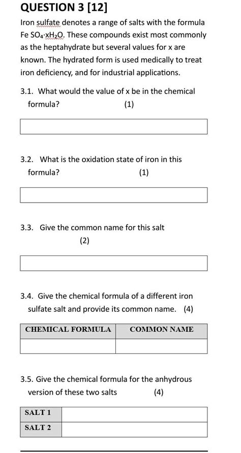 Solved Question 3 [12] Iron Sulfate Denotes A Range Of Salts