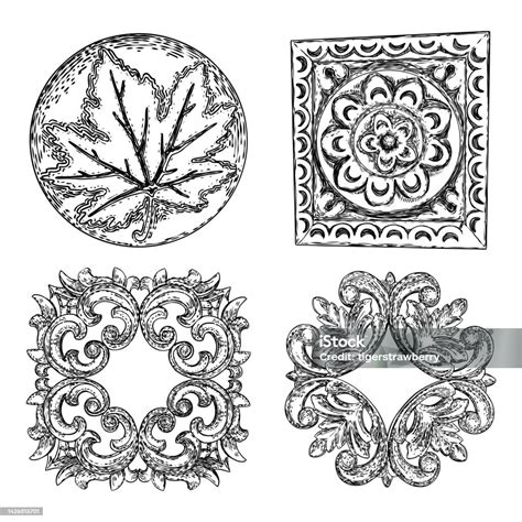 스카프 인쇄 또는 직물 디자인을위한 아름다운 손으로 그린 바로크 양식의 요소 또는 빈티지 패치 세트 장식용 대리석 석재 건축 요소 꽃 스타일 벡터 3차원 형태에 대한 스톡