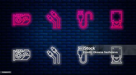 라인 Lan 케이블 네트워크 인터넷 Usb 코드 비디오 그래픽 카드 및 광 디스크 드라이브를 설정합니다 벽돌 벽에 빛나는 네온