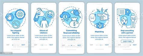 선형 개념으로 모바일 앱 페이지 화면을 온보딩하는 데 어려움을 겪는 관계입니다 관계의 유령 연습 단계 그래픽 지침입니다 Ux Ui 그림이 있는 Gui 벡터 템플릿 개념에