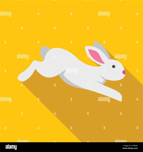 White Rabbit Jumping On Yellow Background Long Shadow Flat Design Icon Stock Vector Image And Art