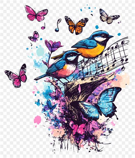Music Colorful Birds And Butterflies With Musical Notes Png