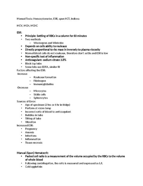 Manual Tests Summary Clinical Hematology I Manual Tests Hemocytometer Esr Spun Hct