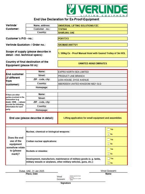 End Use Declarationhoist Pdf Military Technology International