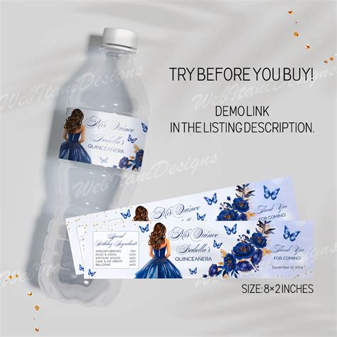 Blue Gold Quinceanera Water Bottle Labels Webitani Designs
