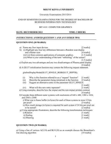Bit 4101 Computer Graphics Exams Mount Kenya University University