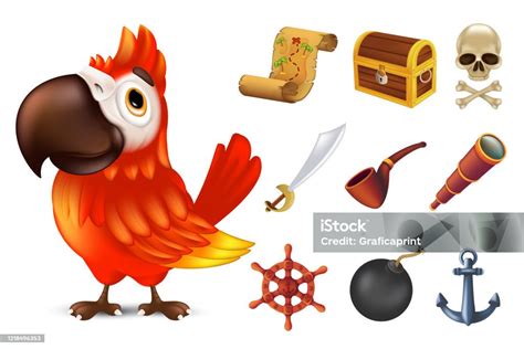 귀여운 빨간 아라 앵무새 캐릭터 인간의 두개골 세이버 앵커 스티어링 휠 스파이글래스 검은 폭탄 파이프 고대 가슴과 보물지도로 설정 바다 해적 아이콘 흰색으로 격리된 벡터