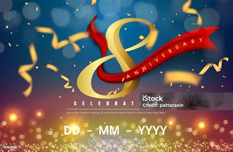 골드와 블루 배경 8 년 기념일 로고 템플릿 여덟 빨간 리본 벡터와 색종이 고립 된 디자인 요소와 황금 숫자를 축 하 8세기에 대한 스톡 벡터 아트 및 기타 이미지 Istock